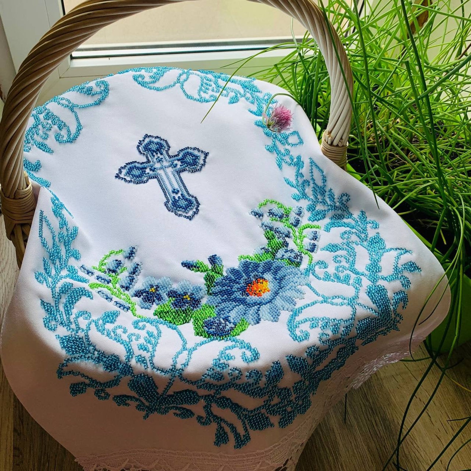 Handmade Beaded Easter Basket Cover Ukrainian Easter Embroidered Towel