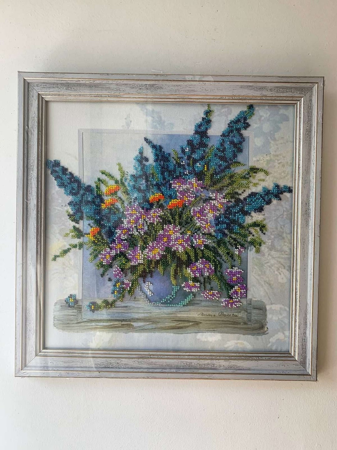 Beadwork on Natural Art Canvas Freshness, Handmade Embroidered Picture ...