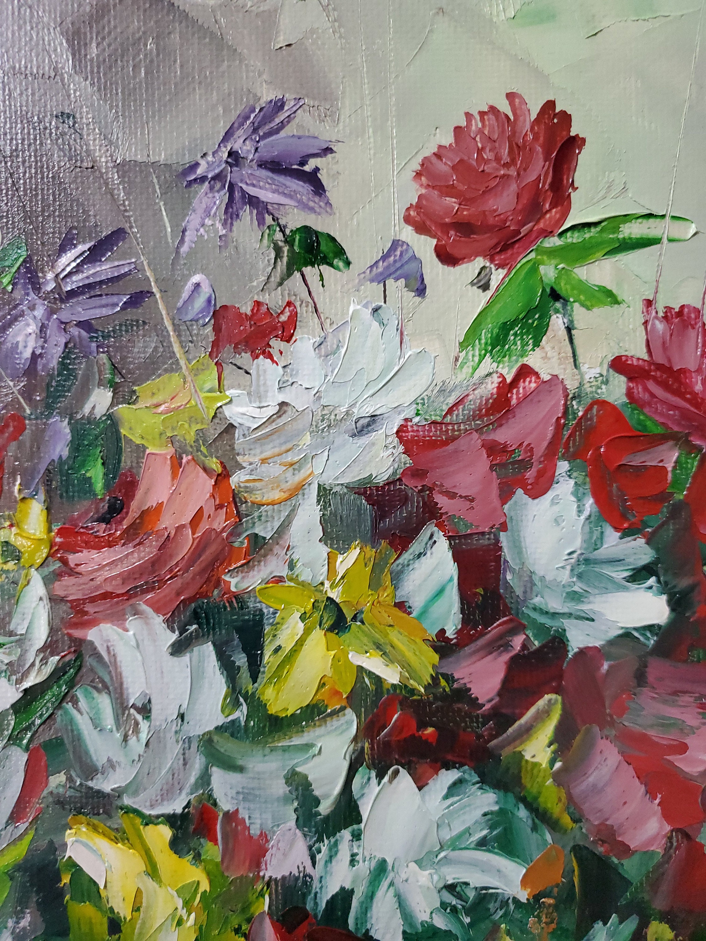 Flower, Palette Knife Oil Painting on Stretched Canvas 100% Handpainted ...