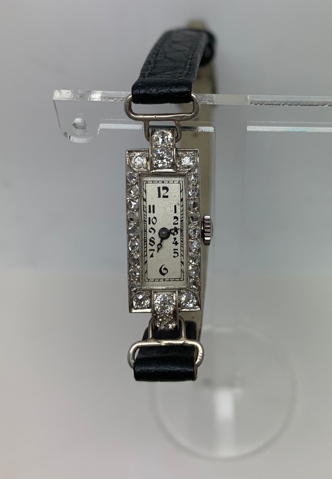 Antique Platinum and Diamond Watch Circa Art Deco Set on Leather Strap ...