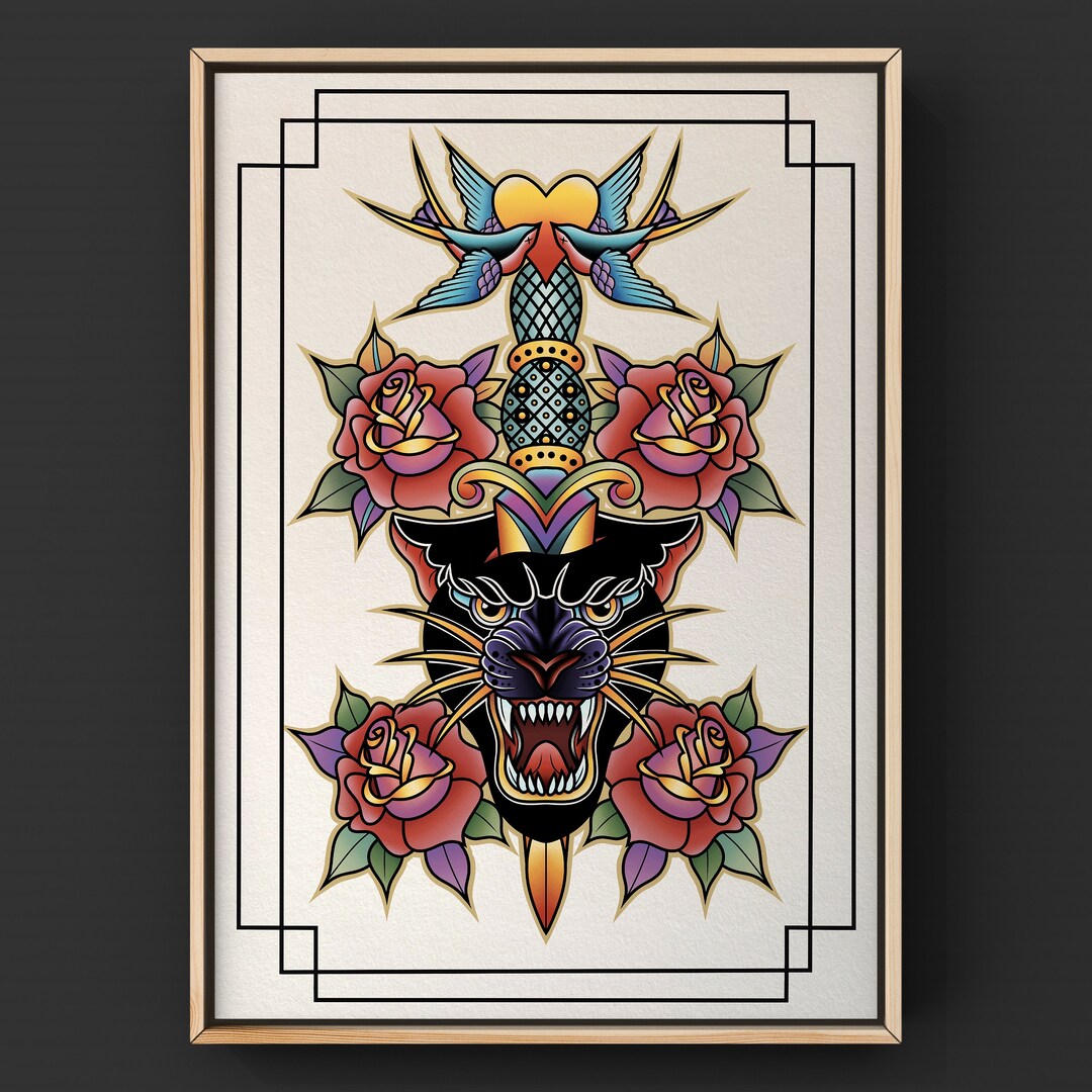 Traditional Tattoo Print Panther Dagger Rose Sparrow A3 A4 - Etsy