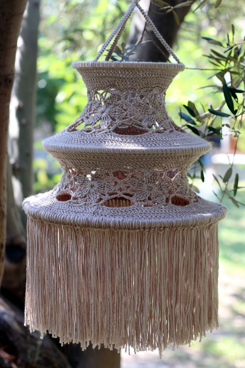 Crochet Lampshade Chandelier Romantic White Beige Cotton Boho - Etsy
