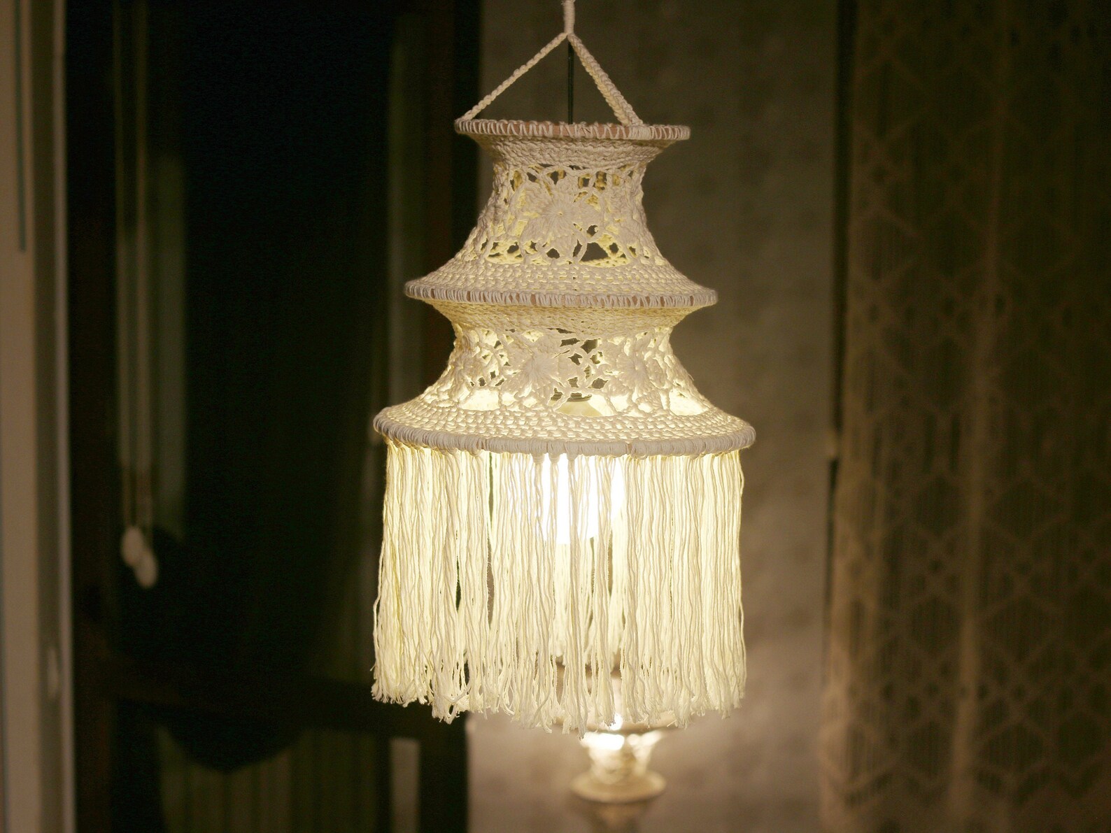 Crochet Lampshade Chandelier Romantic White Beige Cotton Boho - Etsy