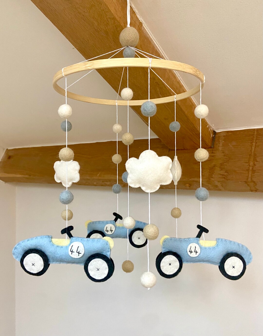 Vintage Racing Car, Cloud, Baby Cot Mobile, Nursery Hanging Decor, Made ...