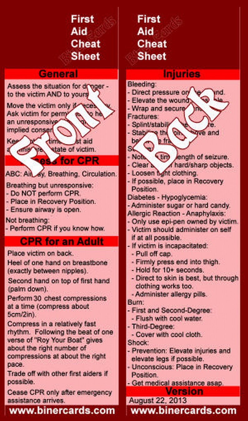 First Aid Cheat Sheet Biner Card Information | Etsy