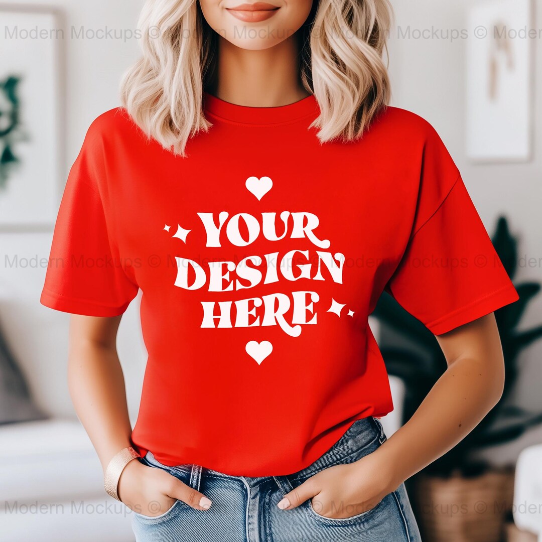 Gildan 64000 Red Tshirt Mockup | G640 T-shirt Mock-up | Model Mock ...