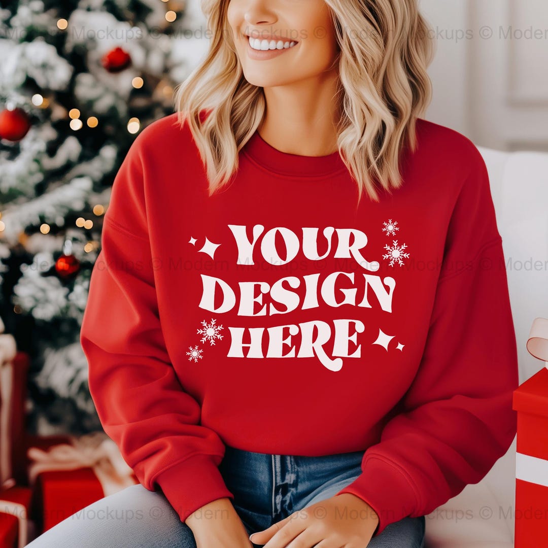Gildan 18000 Red Sweatshirt Mockup | G180 Red Crewneck Mock-up | Model ...