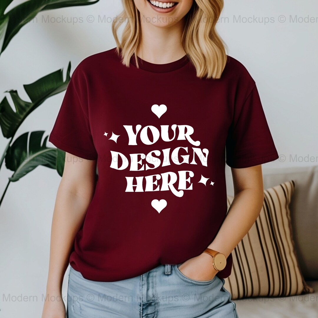 Gildan 5000 Maroon T-shirt Mockup, G500 Maroon T-shirt Mockup, Model ...