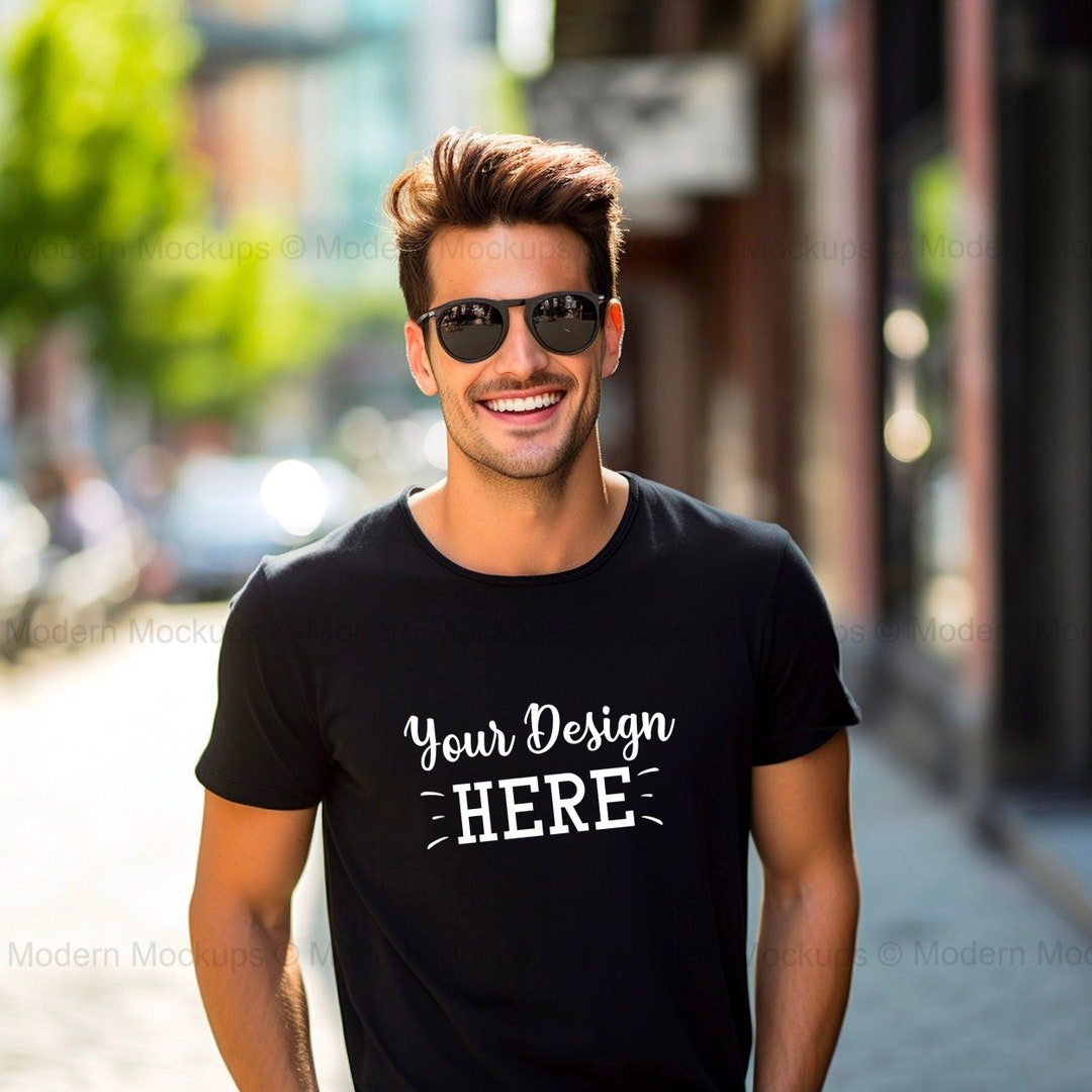 Men Black T-shirt Mockup, American Men Mockup, T-shirt Mockup, Male T ...