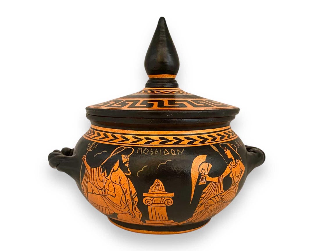 God Poseidon With Athena ,red Figure Pottery ,greek Pyxis 16cm - Etsy