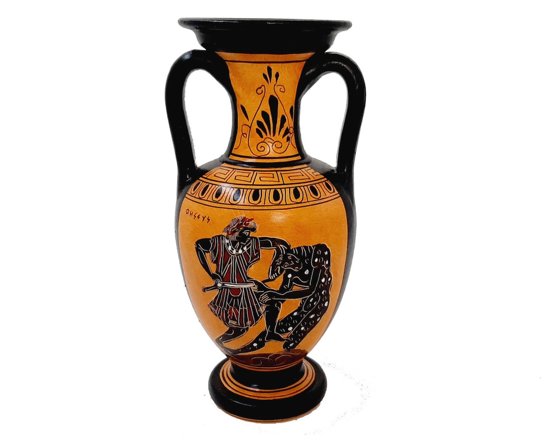 Greek Amphora Vase 22cm,theseus and the Minotaur,black Figure Pottery ...