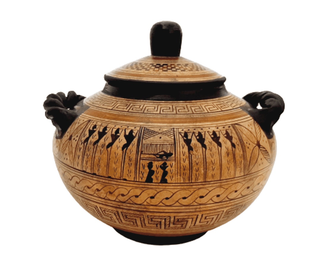 Greek Pyxis 19cm, Geometric Art Pottery - Etsy
