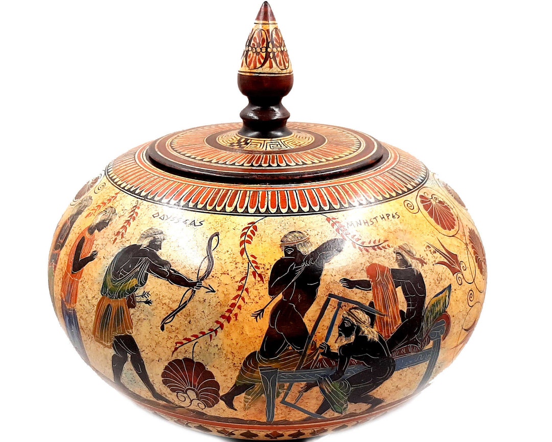 Pyxis 36cm,ancient Greek Art With Multicolor Background ,odysseus Kills ...