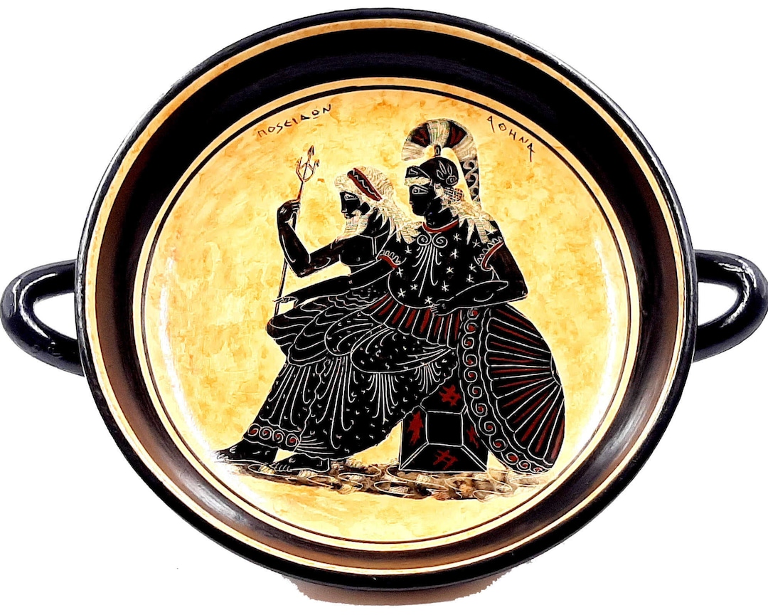 Greek Kylix 26cm,black Figure Pottery,showing God Poseidon and Goddess ...