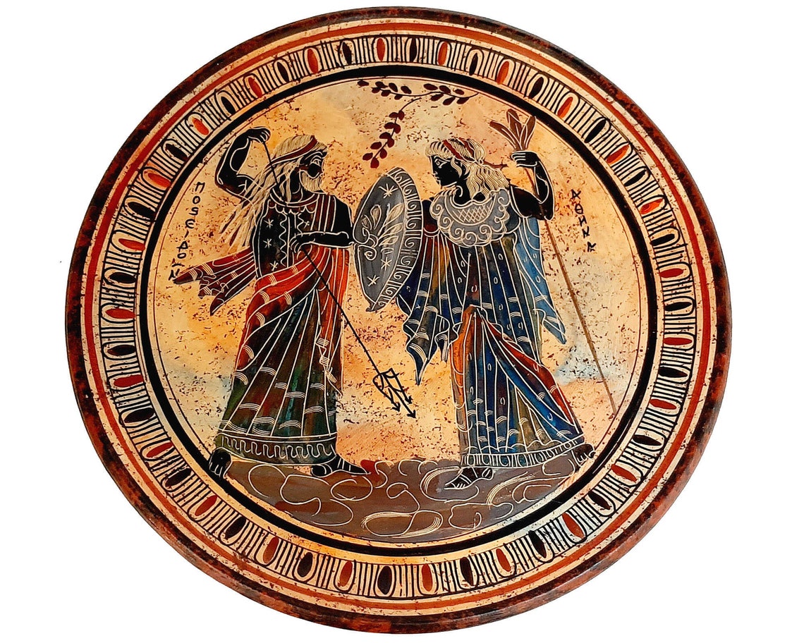 Greek Ceramics Plate 28cmmulticolored,god Poseidon With Goddess Athena ...