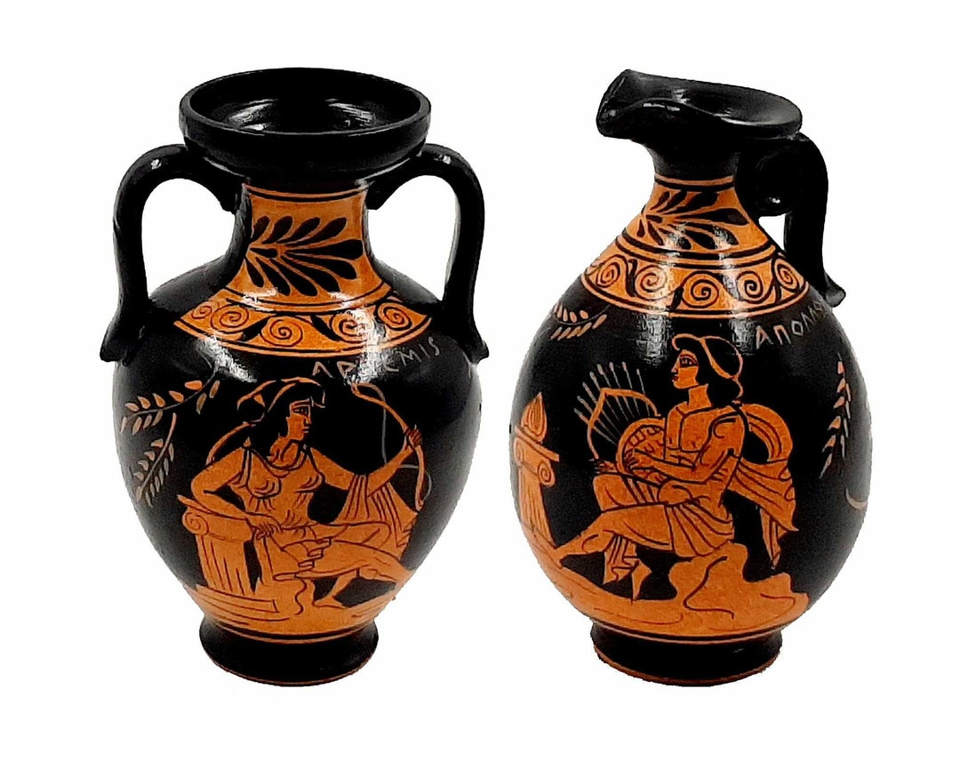 Set of 2 Red Figure Pottery Vases 13,5cm,goddess Artemis and God Apollo ...