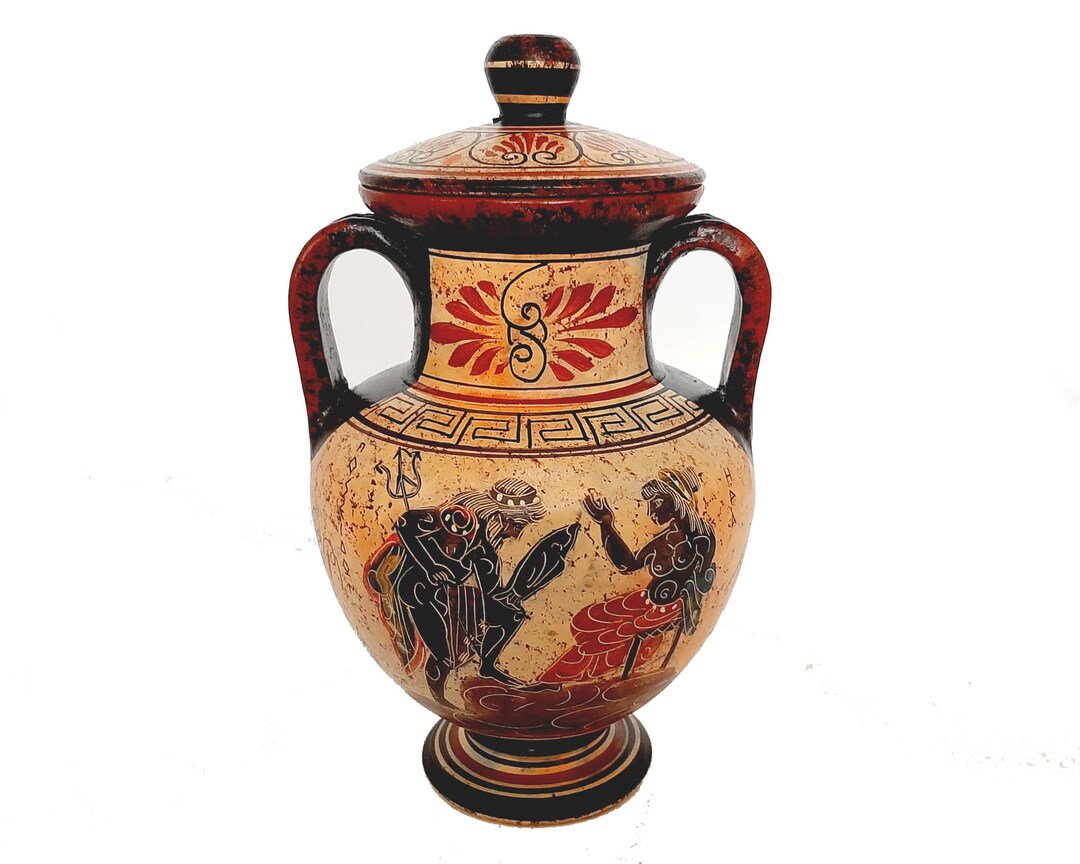 Greek Vase,amphora With Lid 19,5cm,god Poseidon With Goddess Hera - Etsy