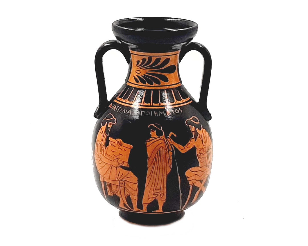 Ancient Greek Vase 17cm,red Figure Amphora,showing Classroom Situation ...