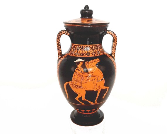 Fine Art Ceramics Red figure Pottery Amphora with lid 19,5cm,Hercules ...