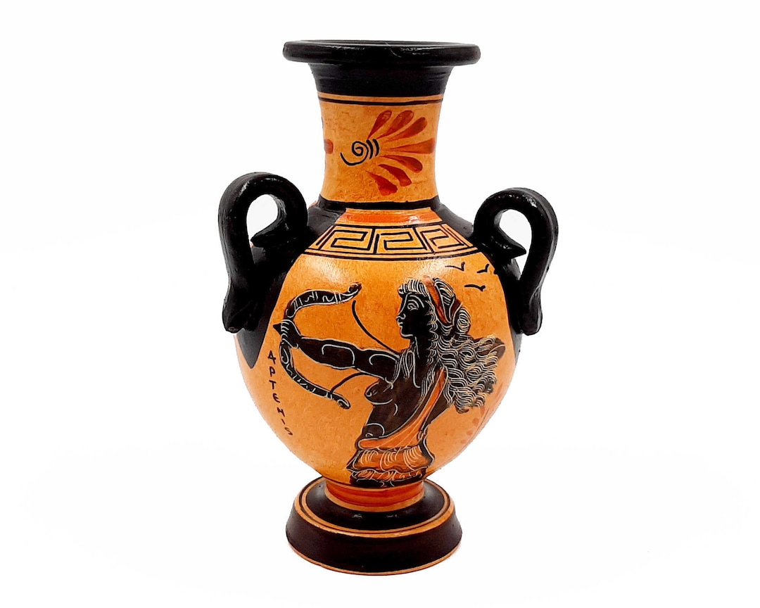 Greek Vase ,amphora 17cm With 3 Handles,shows God Apollo With Goddess ...