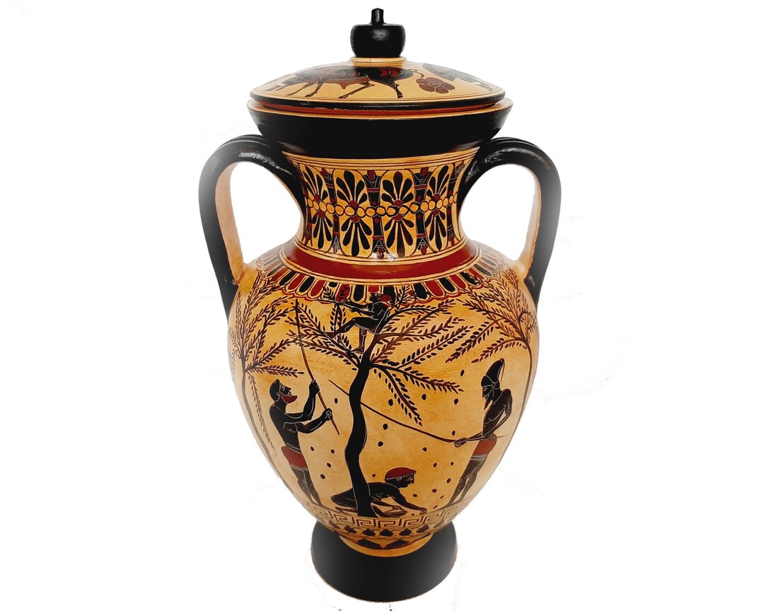Black Figure Replicas Amphora With Lid 29cm,olive Harvesting and Pholos ...