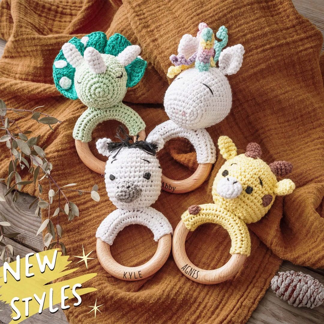 Personalized Animal Crochet Rattle Baby Shower Gift Custom Wooden Baby ...
