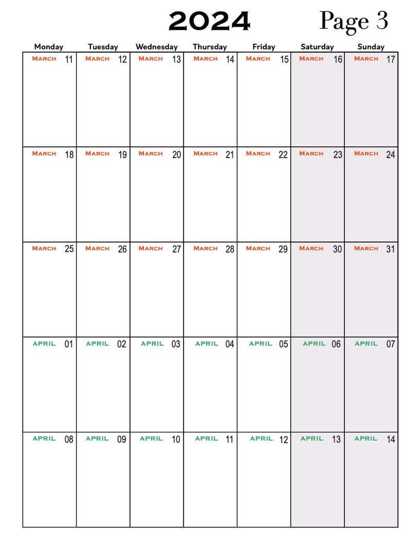 2024 Monthly Calender Continuous Dates Highlighted Weekend - Etsy