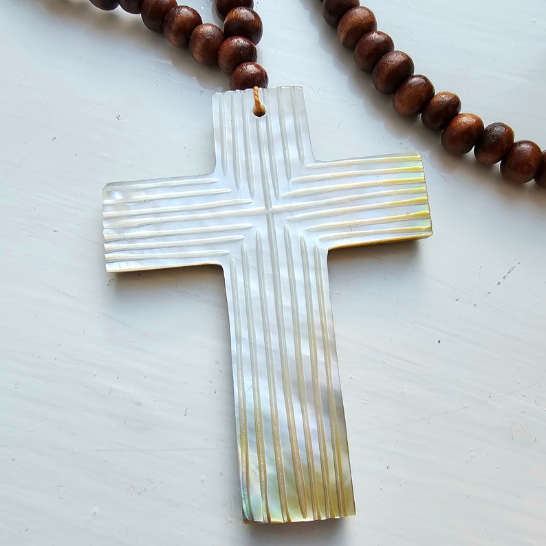 Carved Shell Cross Necklace, Shell Cross Pendant, Brown Wooden Beaded ...