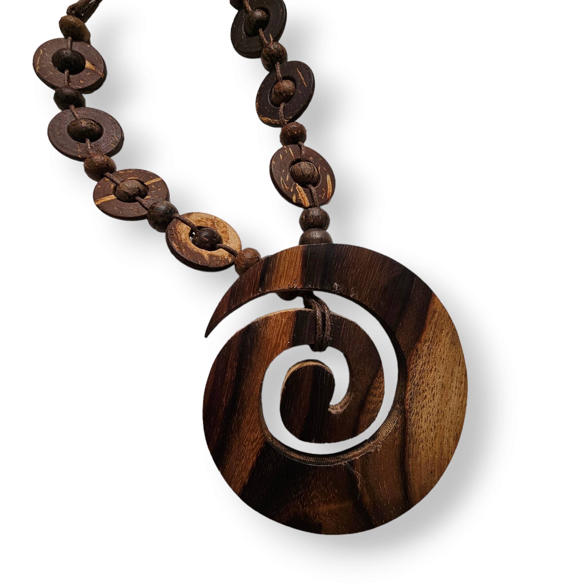 Wooden Spiral Pendant Coconut Shell Discs Necklace Wooden - Etsy