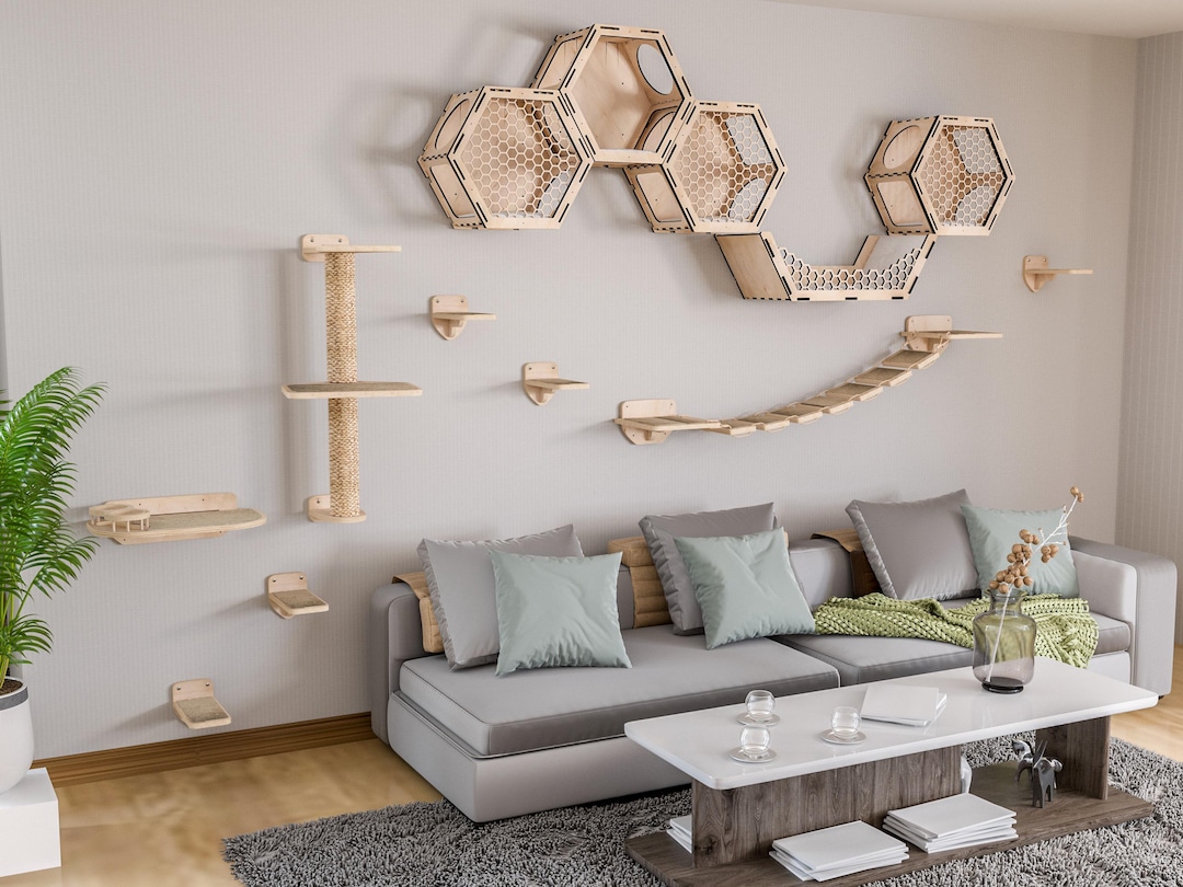 Modern Cat Climbing System With Hexagons, Bridge, Steps & Feeding Shelf ...