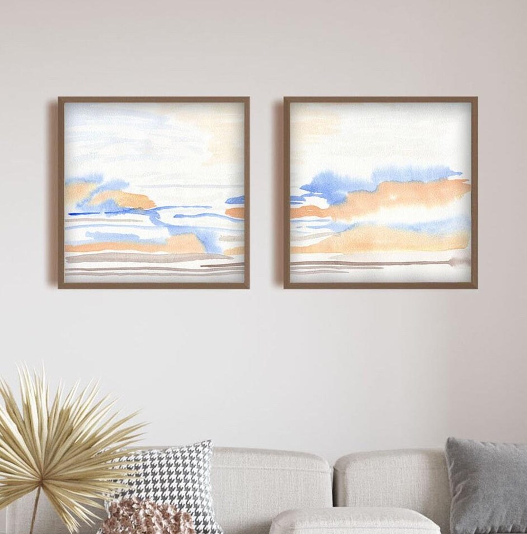 Abstract Watercolor Landscape Print Set: Blue & Orange Square Wall Art ...