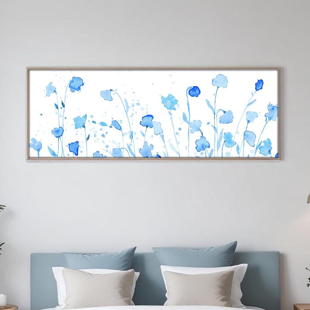 Light Blue Floral Watercolor Print: Minimalist Panoramic Wall Art ...