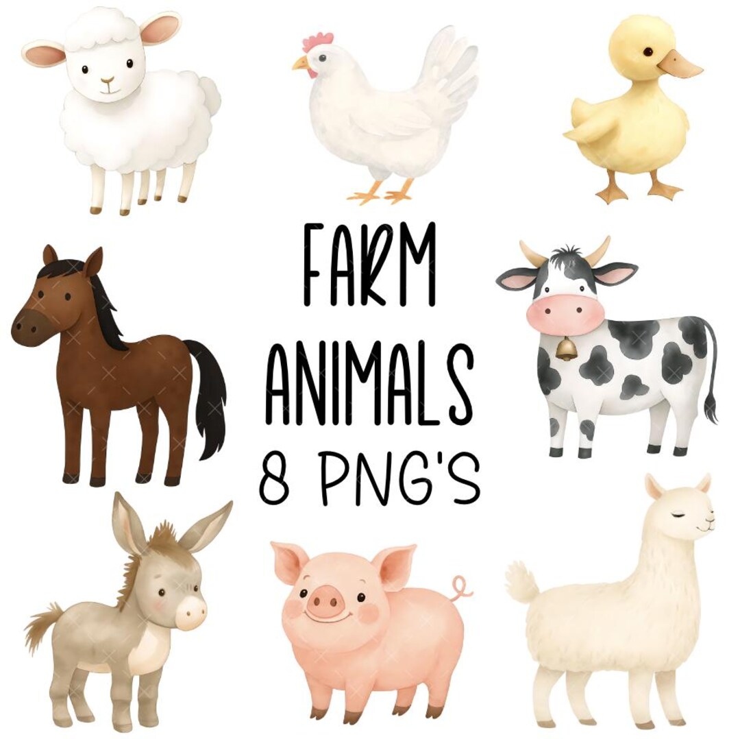 Farm Animals Clipart, 8 X Cute Farm Animals, Horse, Pig, Cow, Duck ...