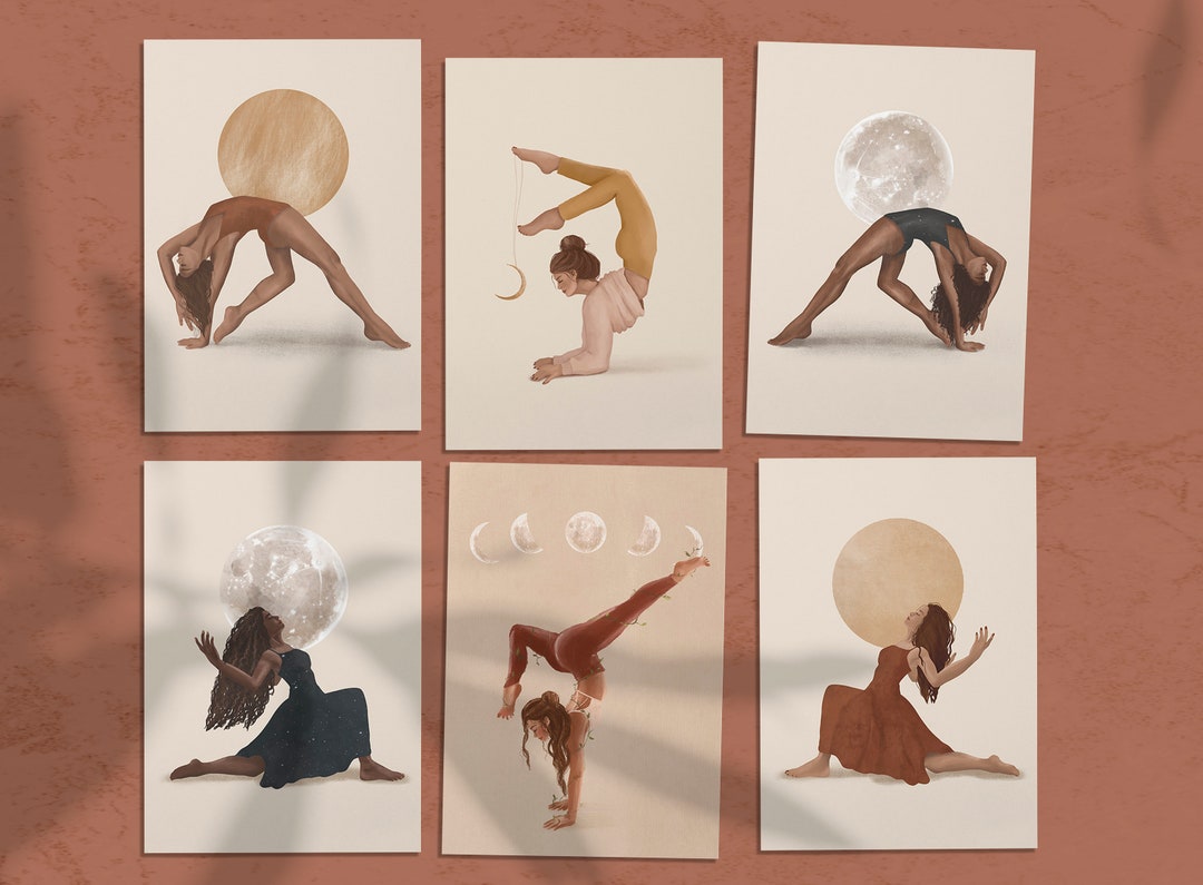 Sun and Moon Postcards Yoga Poses Cards Mini Yoga Print Asana Wall Art ...