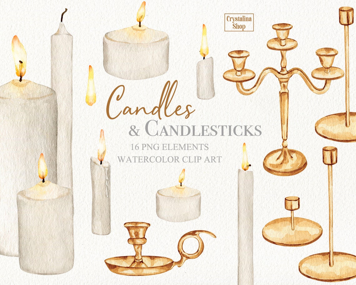 Watercolor Candles & Candlesticks Clipart Gold Silver - Etsy