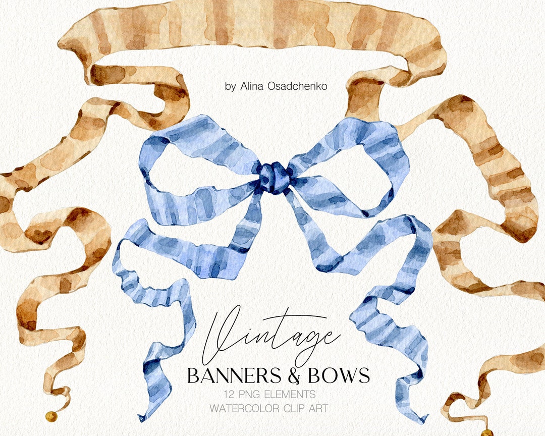 Watercolor Vintage Ribbon Banners and Bows Clipart Birthday Party ...