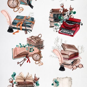 Watercolor Vintage Books Library Clipart. Vintage Art Library ...