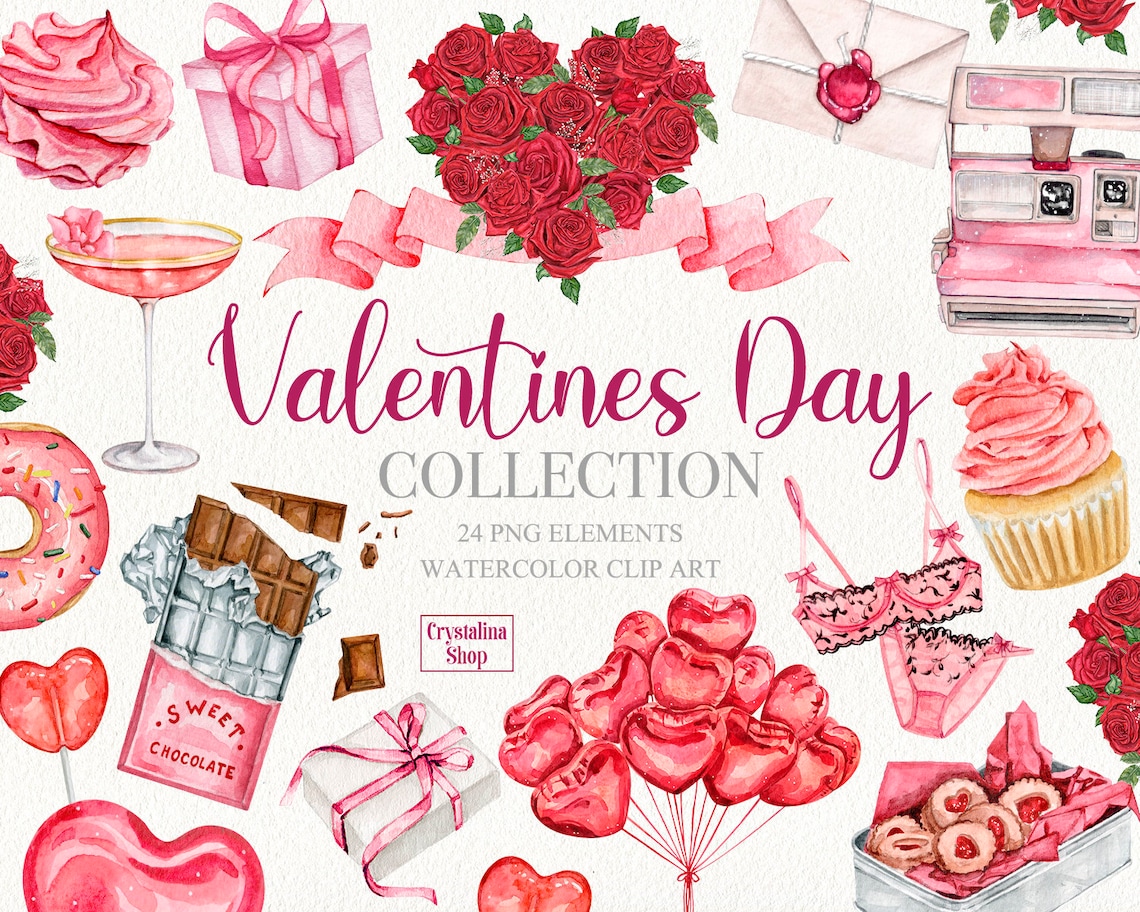 Watercolor Valentines Day Love Clipart. Hand Painted Red and - Etsy