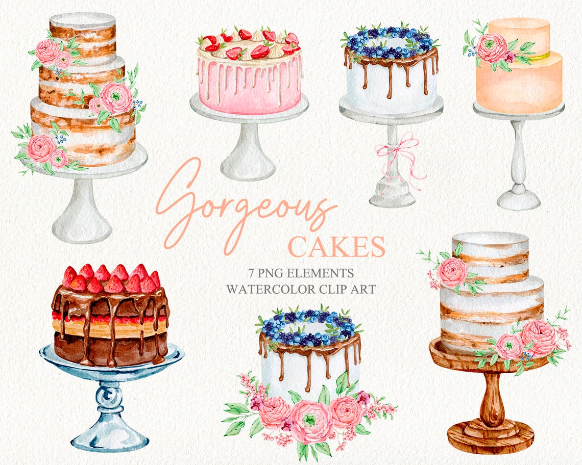 Watercolor Wedding Cake Clipart Birthday Cake Party Digital - Etsy