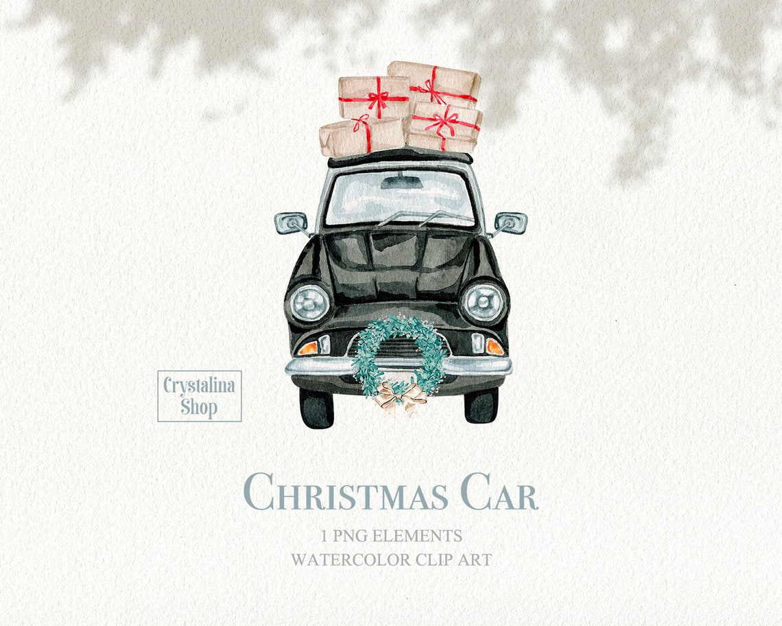Watercolor Christmas Car Clipart Christmas Car With Wreaths and Gift ...