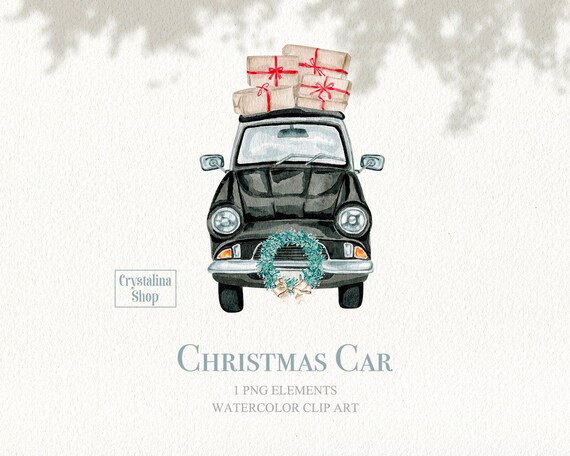 Watercolor Christmas Car Clipart Christmas Car With Wreaths | Etsy