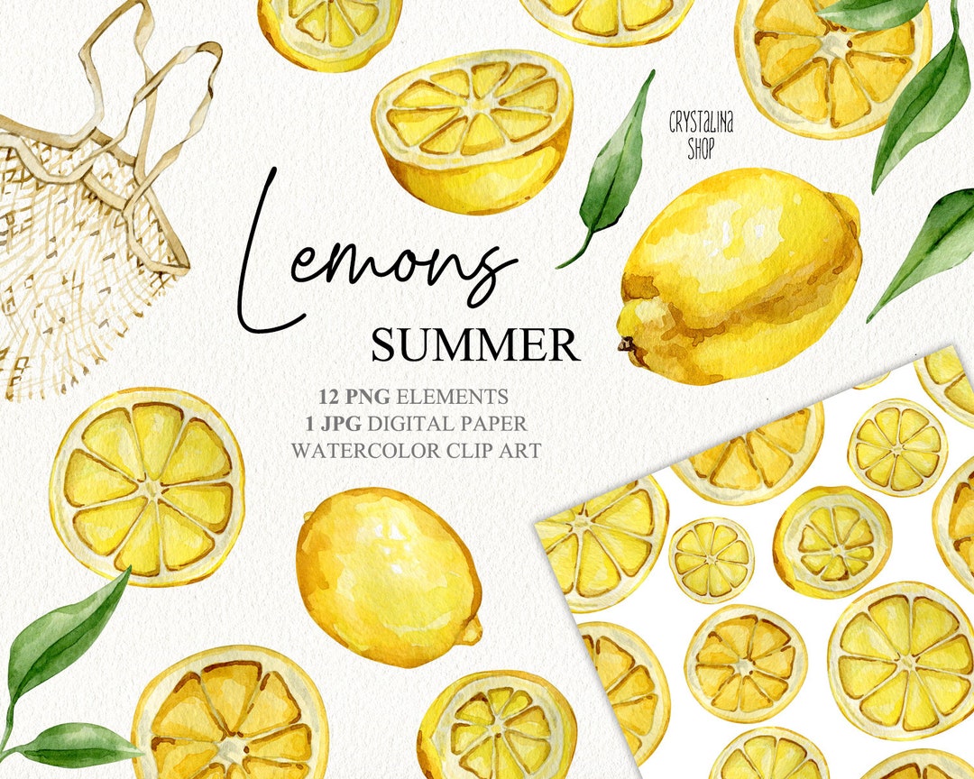 Watercolor Lemons Clipart Summer Fruits Clipartlemon Kitchen Decor ...