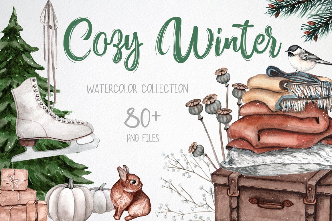 Watercolor Cozy Winter Clipart. Christmas and New Year DIY | Etsy