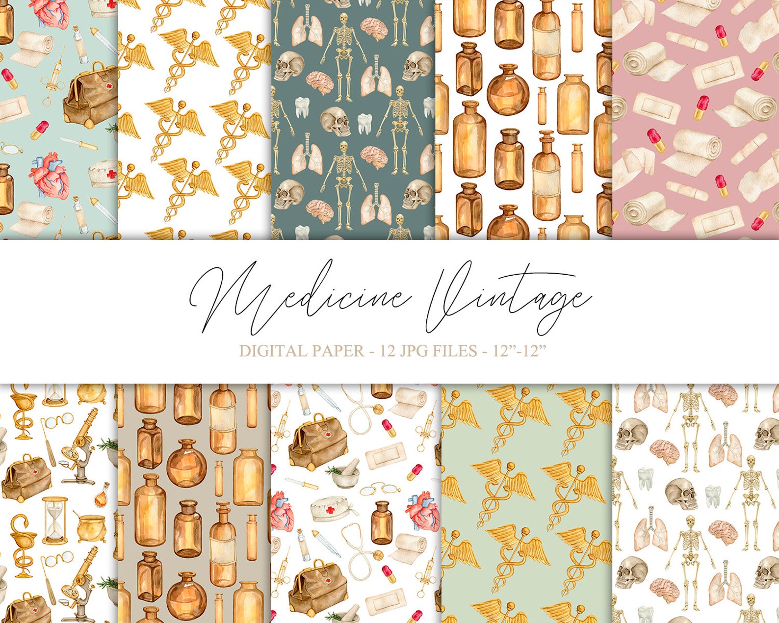Watercolor Medical Digital Paper Pack for Scrapbooking. Medical ...