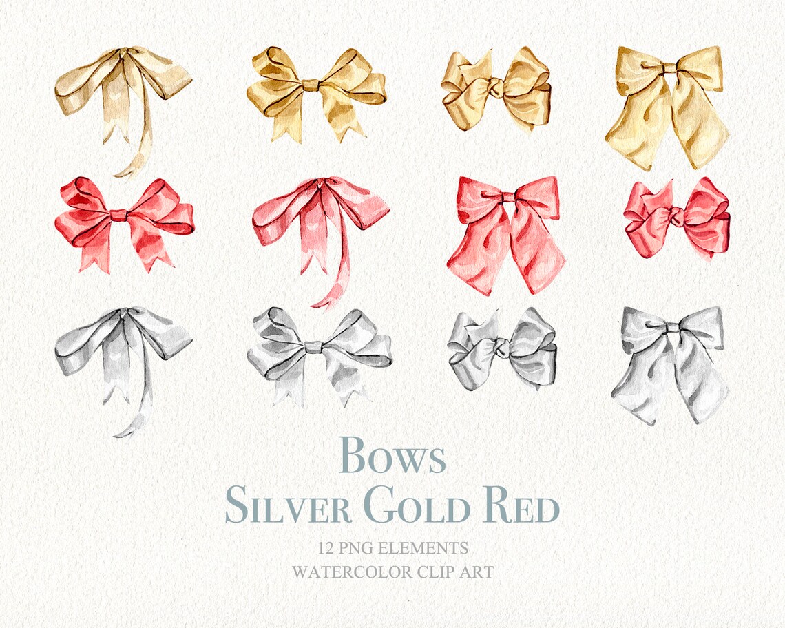 Watercolor Gift Boxes and Bows Clipart Red Gold Silver Gift and Bow ...