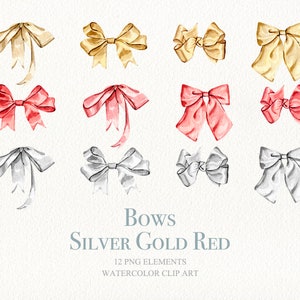 Watercolor Gift Boxes and Bows Clipart Red Gold Silver Gift and Bow ...