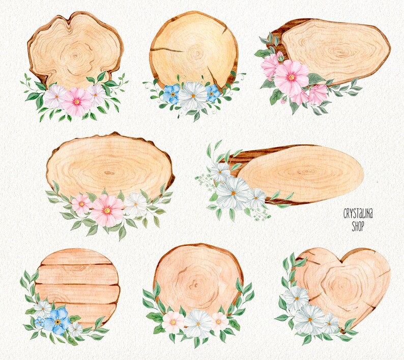 Watercolor Wood Slice Flower Clipart. Wooden Boards With | Etsy