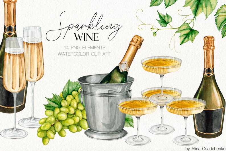 Watercolor Sparkling Wine Clipart Romantic Glass of Champagne - Etsy