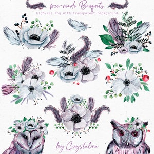 Hand Drawn Watercolor Owls,feather and Flower. Nursery Poster. Digital ...