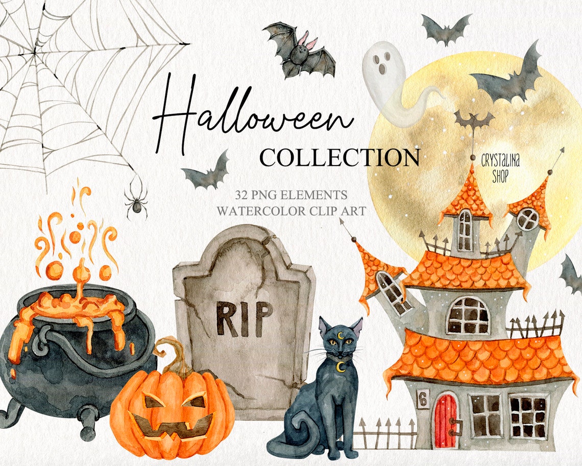 Watercolor Spooky Halloween Clipart Happy Halloween Party Decoration ...